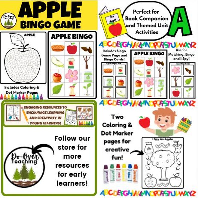 Apple Bingo Game Plus Coloring and Dot Marker Page for Preschool and ...