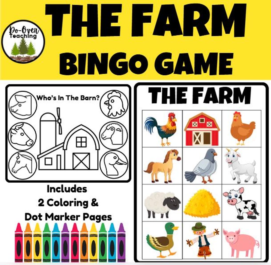 Farm Animal Bingo Game Plus Coloring and Dot Marker Page for Preschool ...