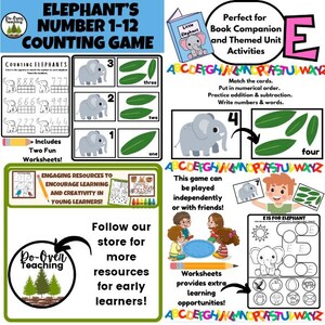 Elephant Number 1 to 12 Count and Match Math Game Plus Math Worksheets ...