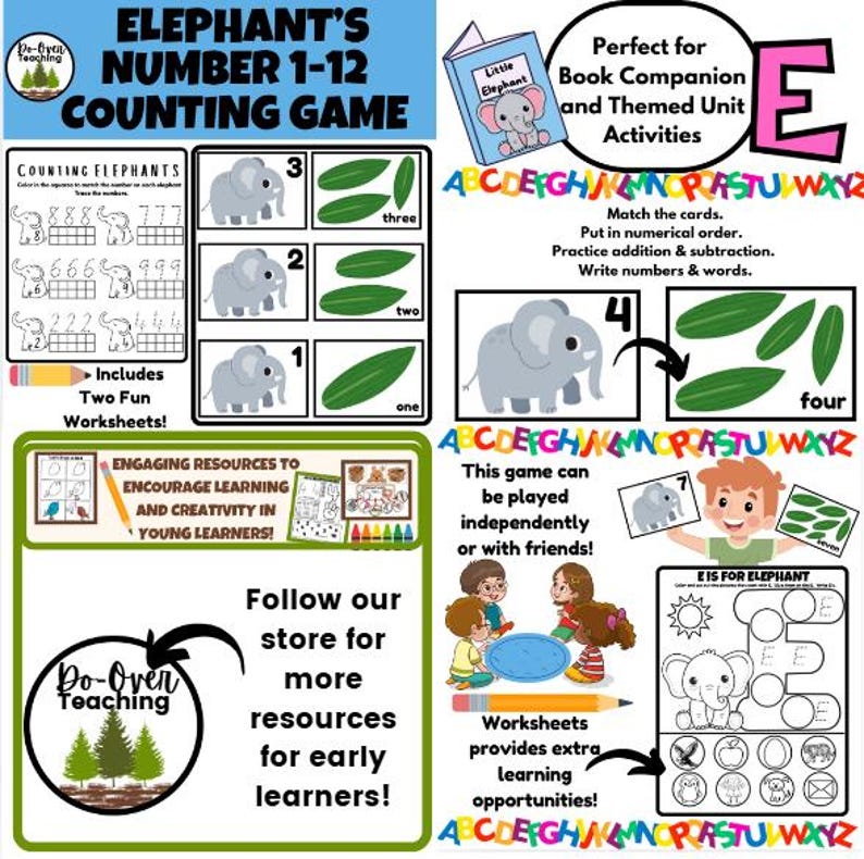 Elephant Number 1 to 12 Count and Match Math Game Plus Math Worksheets ...