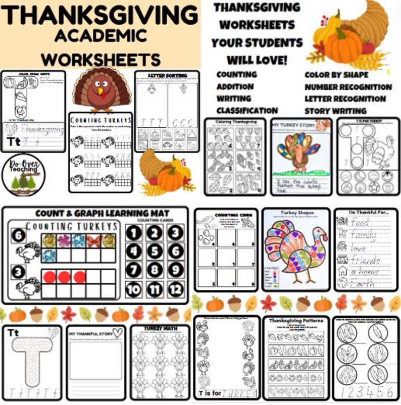 Thanksgiving Academic Worksheets Preschool Kindergarten Curriculum ...
