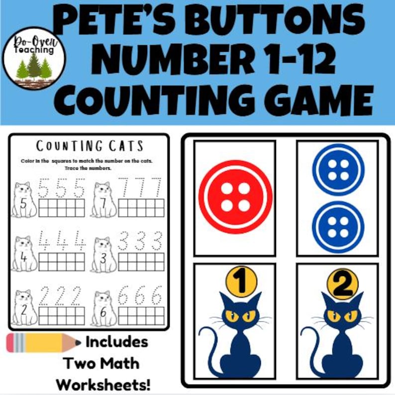 Pete the Cat Buttons Number 1-12 Count & Match Math Game Plus Math ...