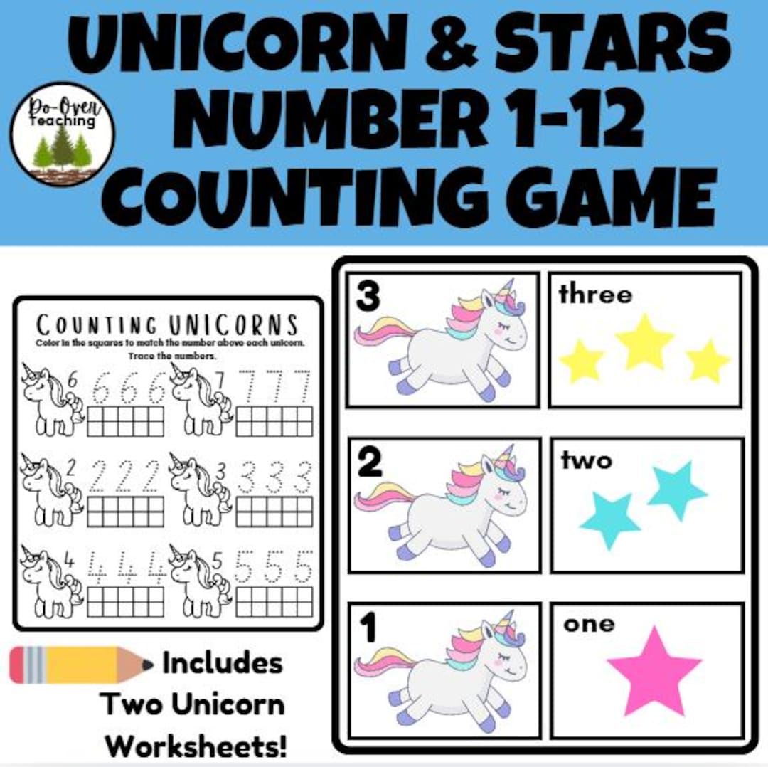 Unicorn and Stars Number 1 to 12 Count and Match Math Game Plus Math ...