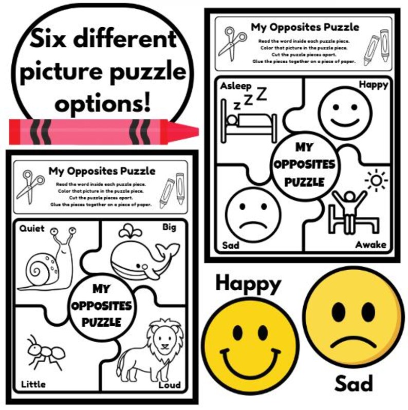 Opposites Puzzle Crafts Cut and Paste Preschool and Kindergarten No ...
