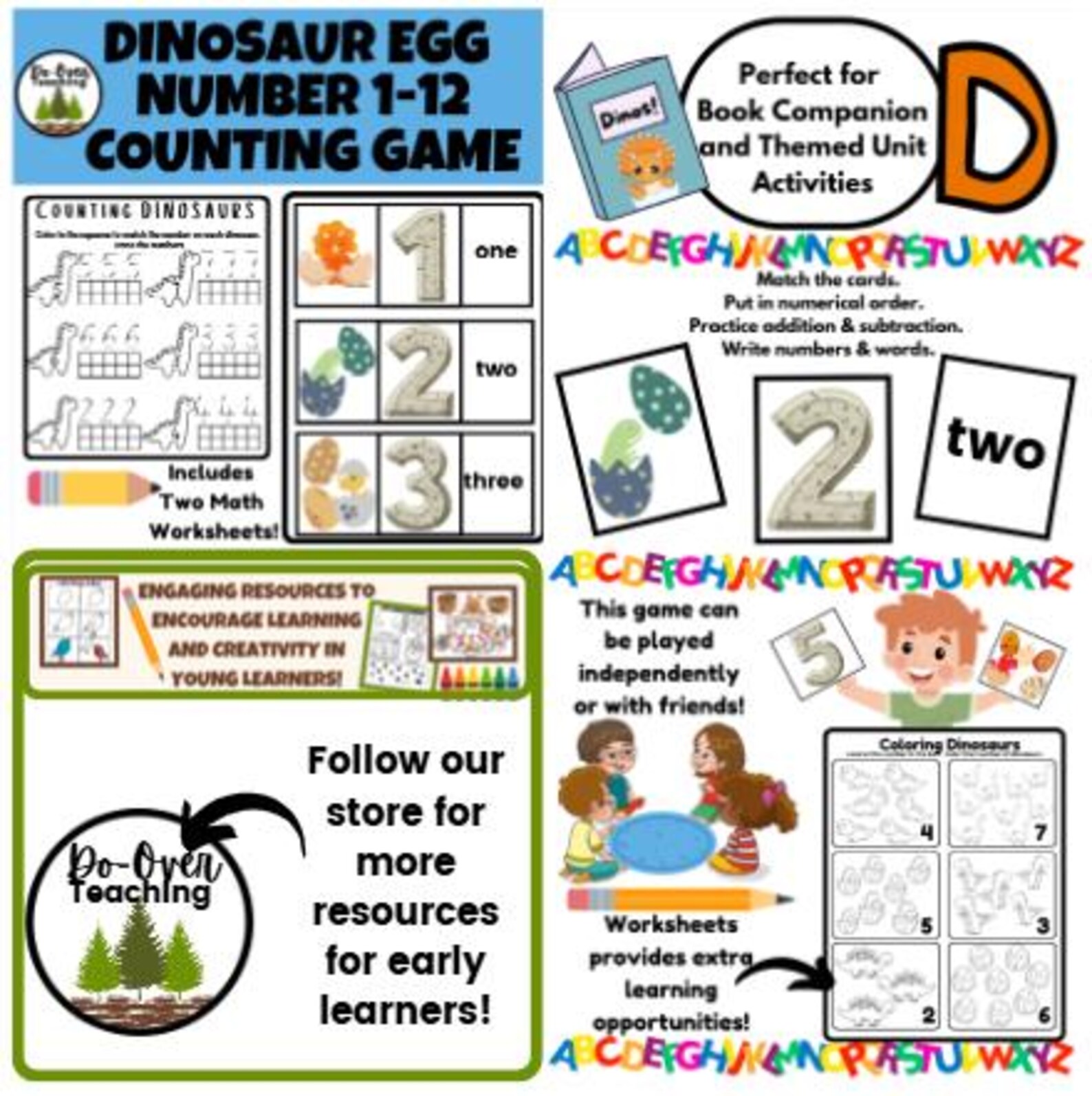 Dinosaur Egg Number 1 to 12 Count and Match Math Game Plus Math ...