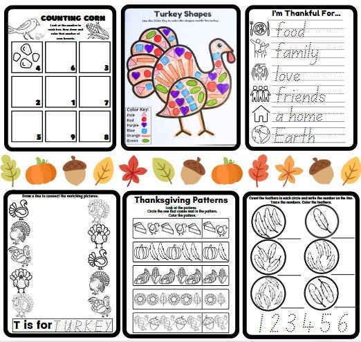 Thanksgiving Academic Worksheets Preschool Kindergarten Curriculum ...