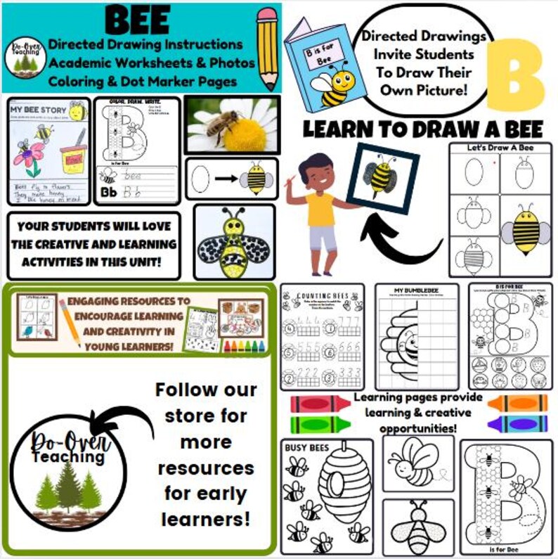 Bee Insect Bumblebee Activities Directed Drawing, Worksheets, Coloring ...