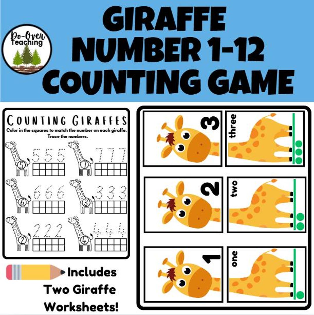Giraffe Number 1 to 12 Count and Match Math Game Plus Math Worksheets ...