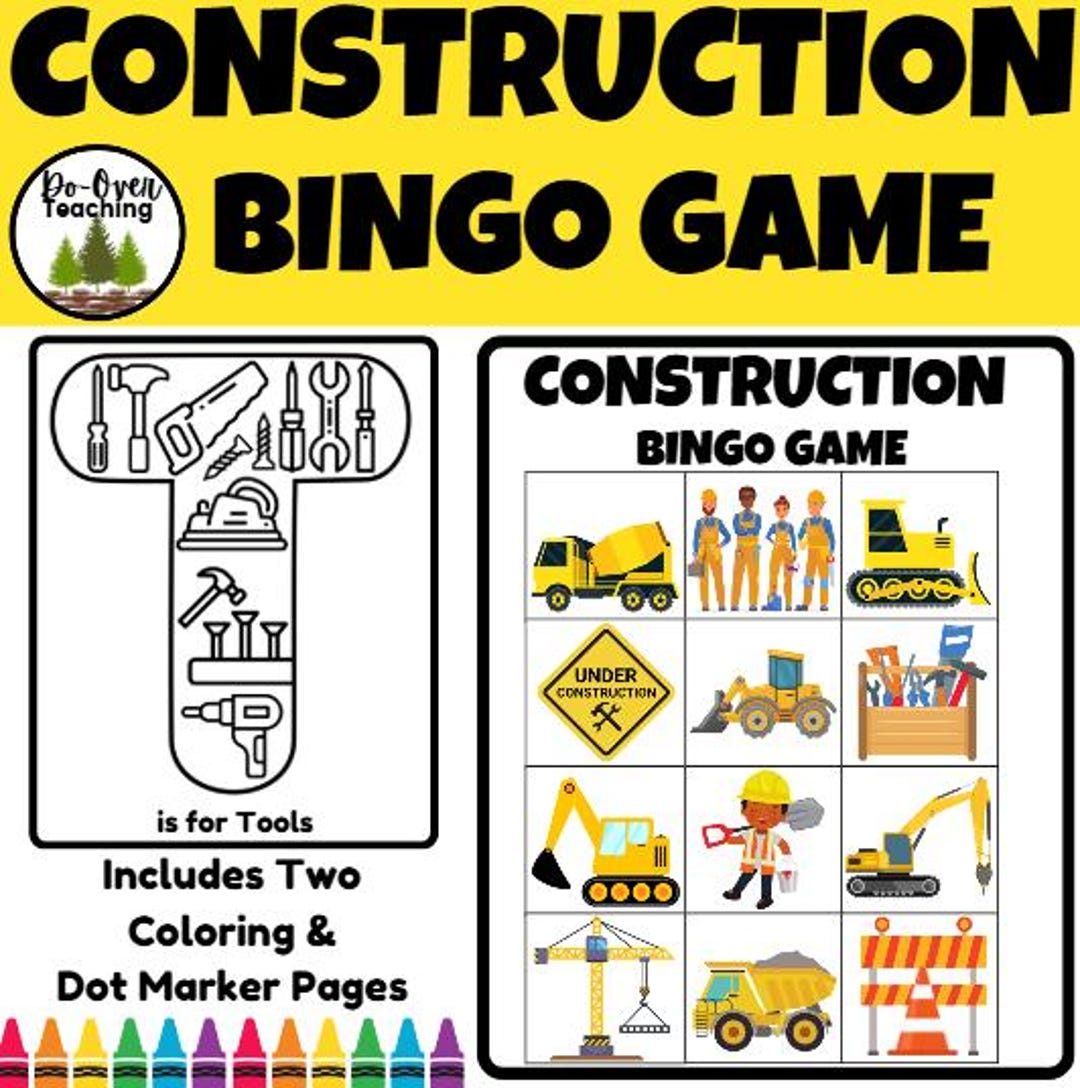 Construction Building Tools Bingo Game Plus Coloring and Dot Marker ...