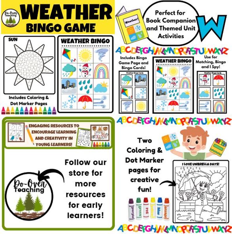 Weather Bingo Game Plus Coloring and Dot Marker Page for Preschool and ...