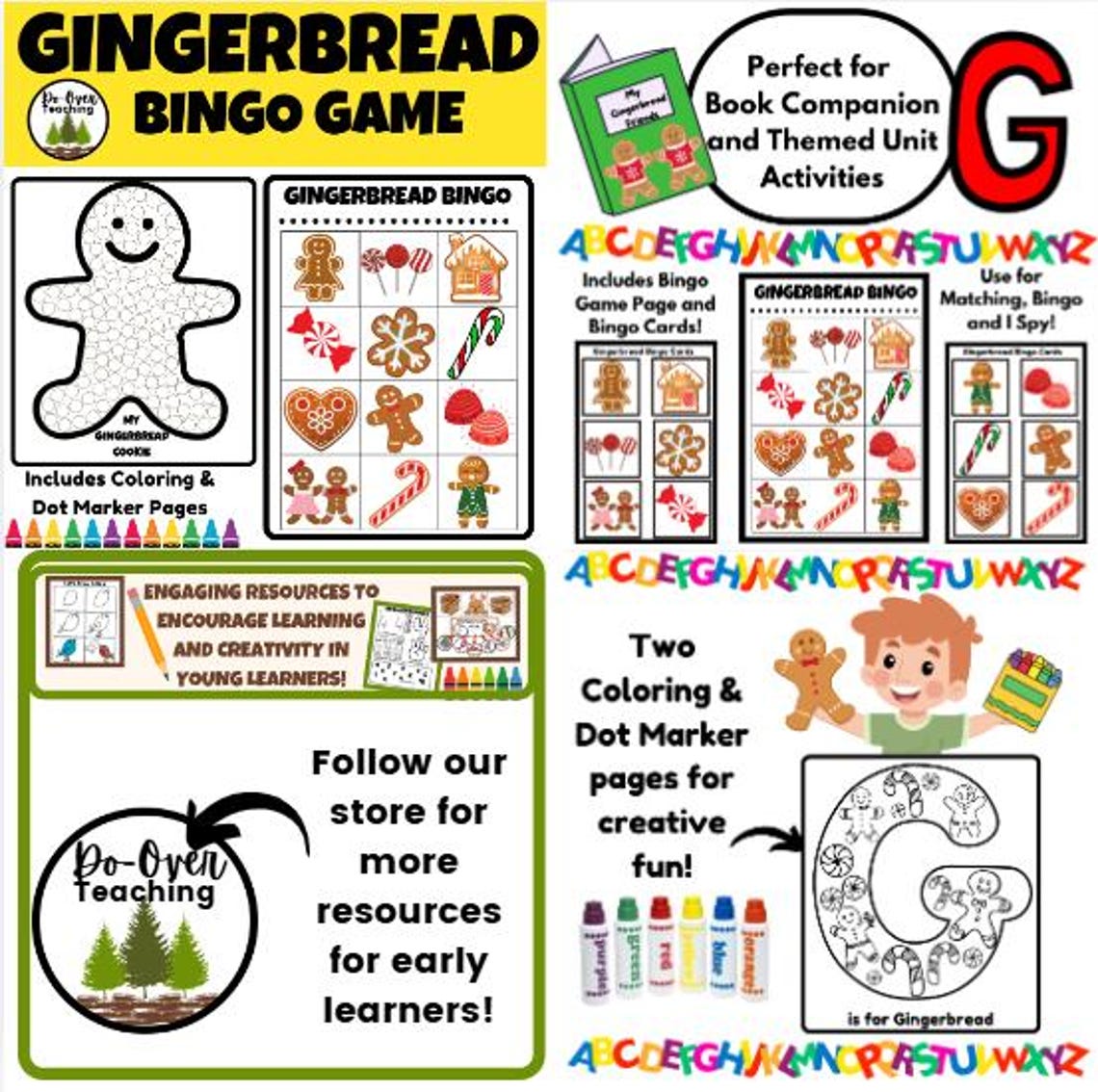 Gingerbread Christmas Winter Bingo Game Plus Coloring and Dot Marker ...