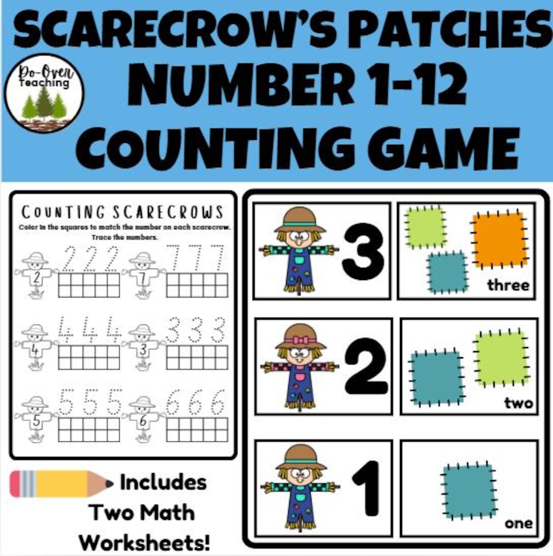 Scarecrow and Patches Number 1 to 12 Count and Match Math Game Plus ...
