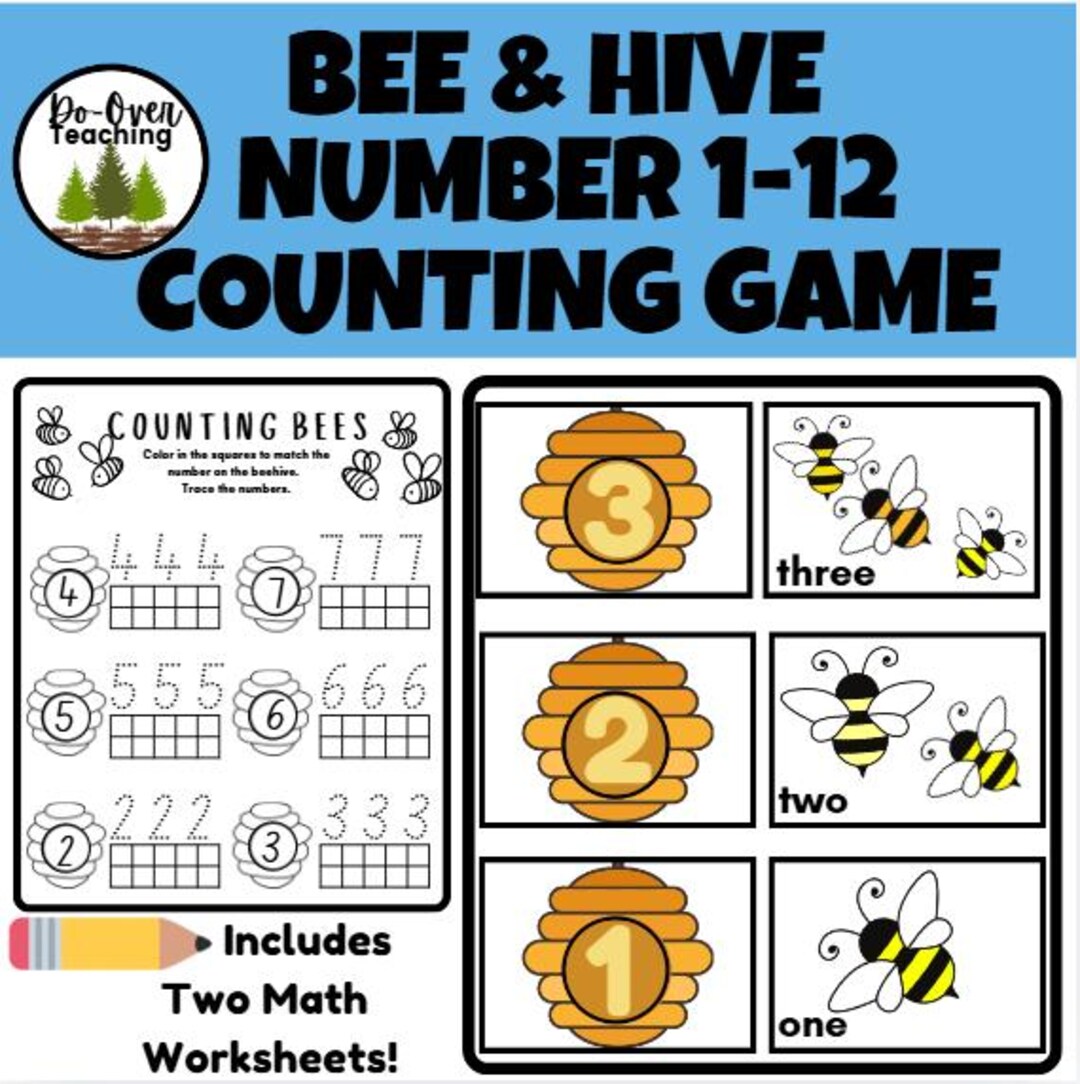 Bee and Hive Number 1 to 12 Count and Match Math Game Plus Math Worksheets for Preschool and ...