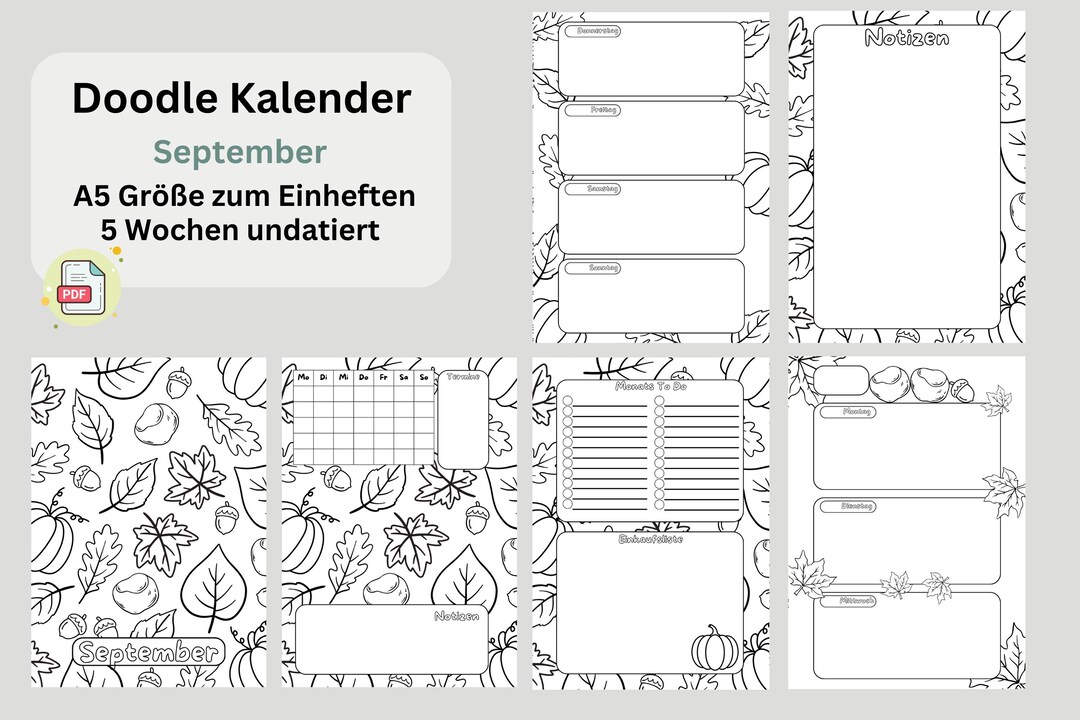 Doodle Calendar A5 Undated September / Digital Calendars for Printing ...
