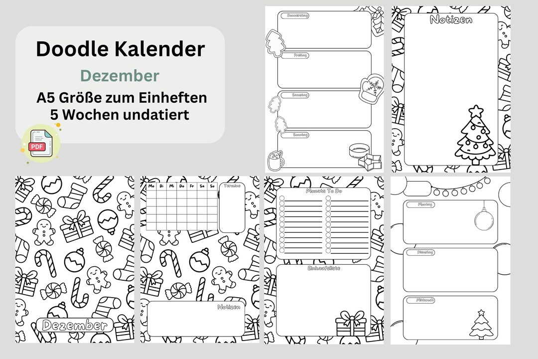 Doodle Calendar A5 Undated December / Digital Calendars for Printing ...
