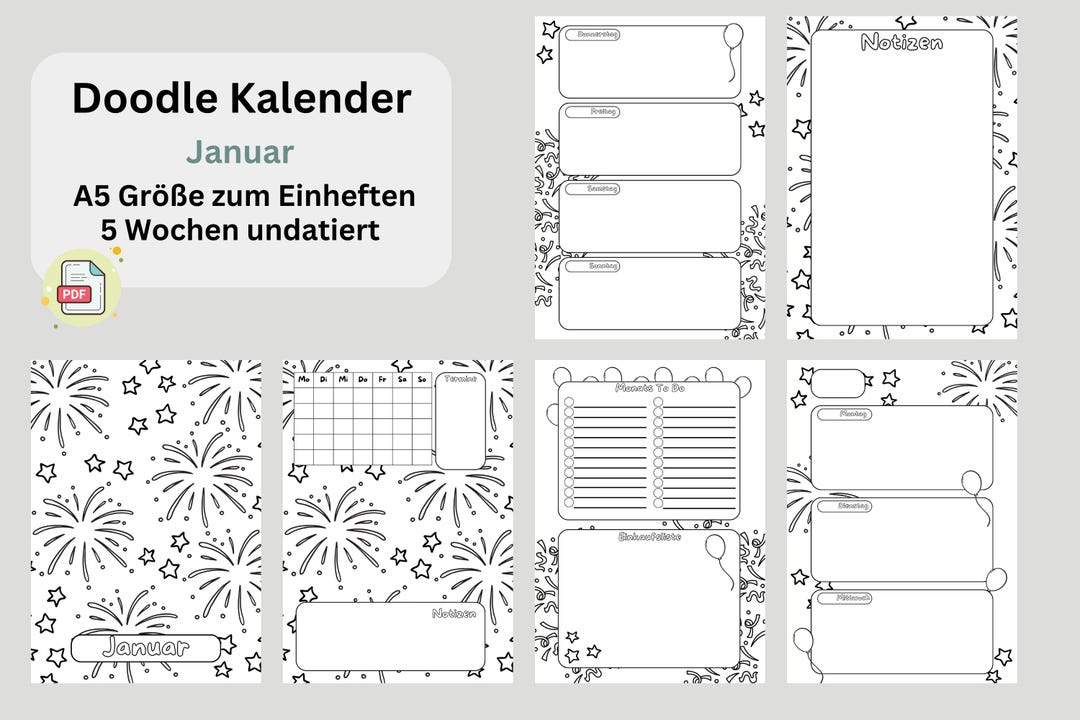 Doodle Calendar A5 Undated / Digital Calendars for Printing / A5 PDF ...