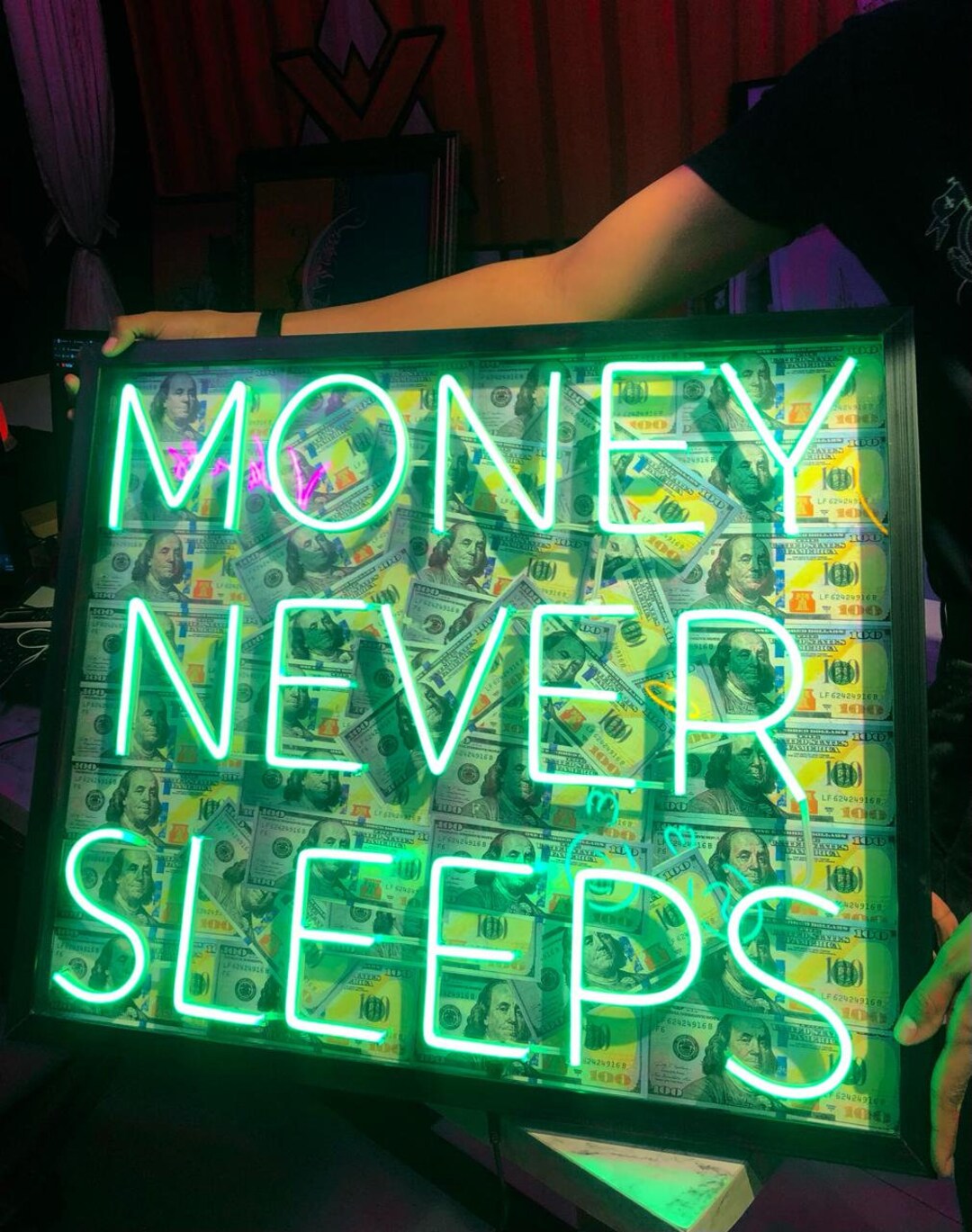Money Never Sleeps Neon Sign Frame - Illuminated Wall Art With Prop ...
