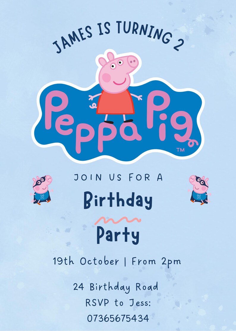 Peppa Pig Birthday Invitation Peppa Pig Birthday Card Child Birthday ...