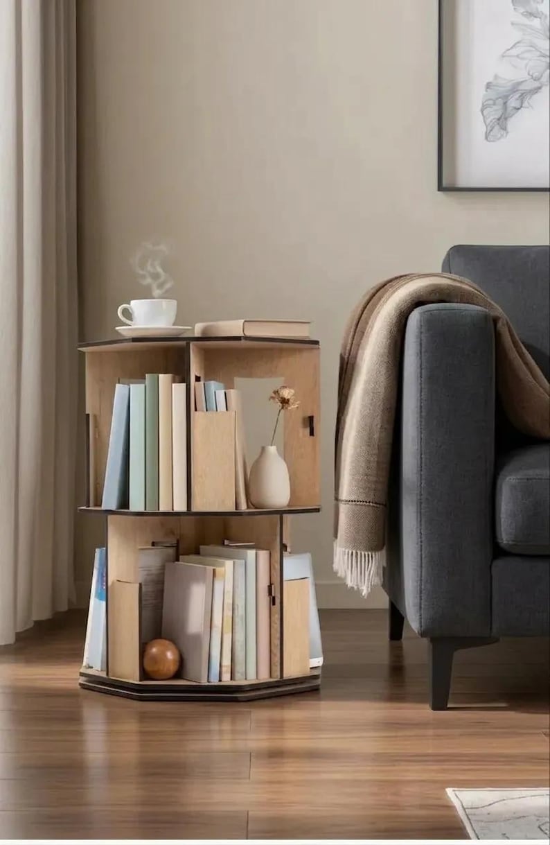 Wooden Rotating Bookcase – Multipurpose Storage Unit, Sofa Side Table ...
