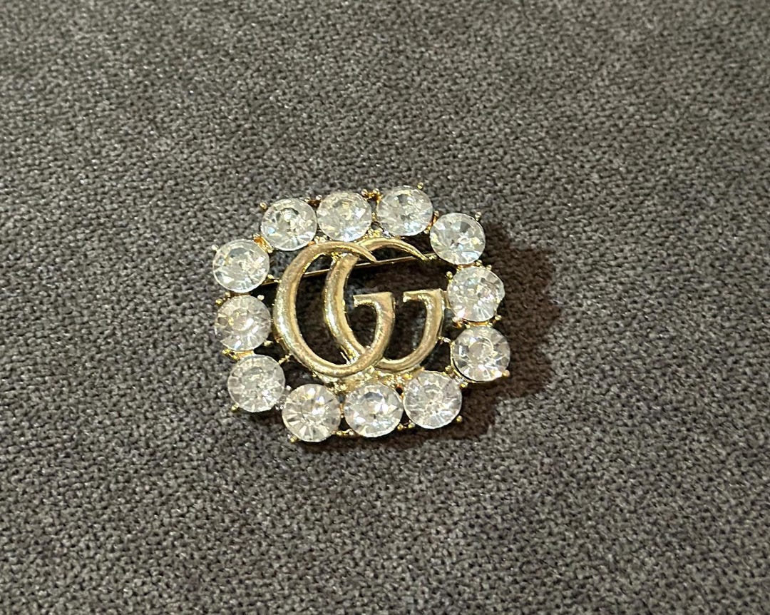 VTG Gucci GG Monogram Designer Vintage Golden Brooch Rhinestones Pin GG ...