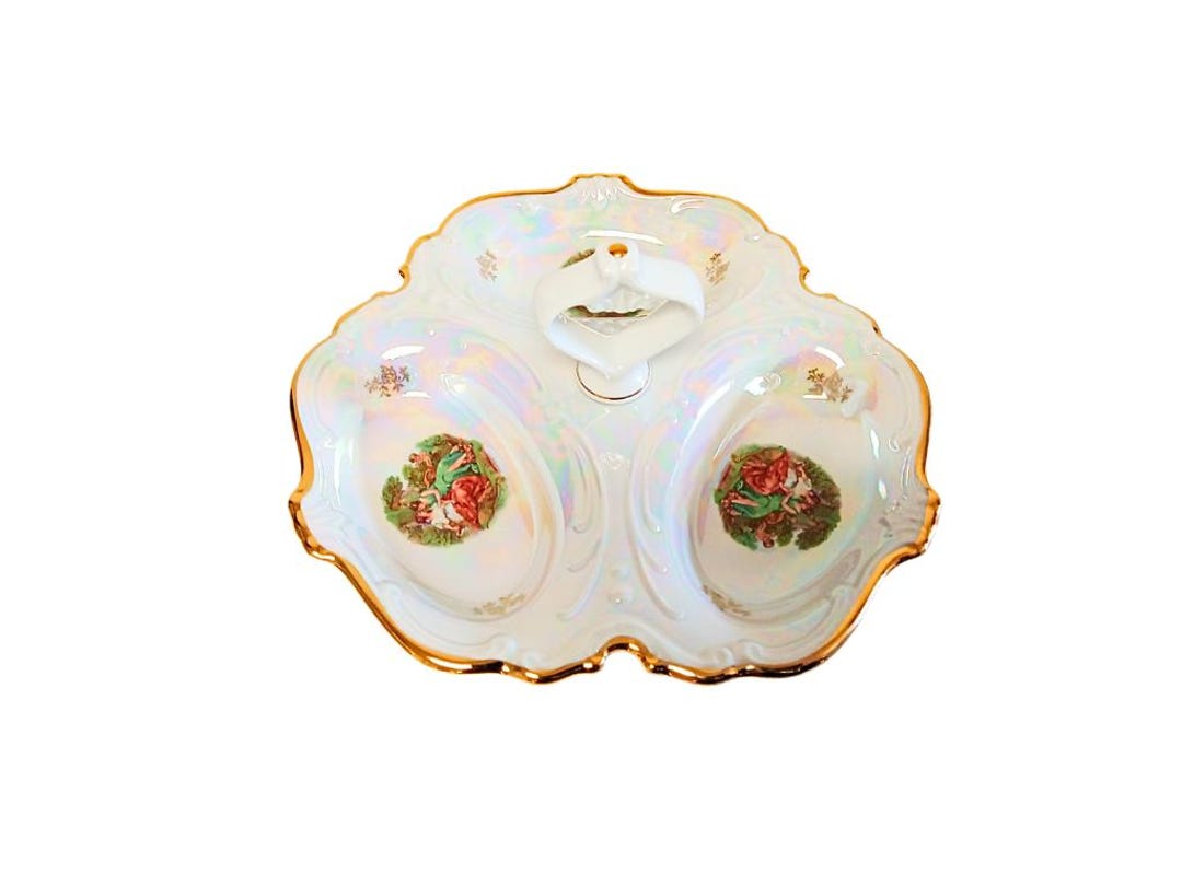 WEIMAR 3 Compartment White Candy Nut Dish Plate With Gold NEW- 12"w X ...