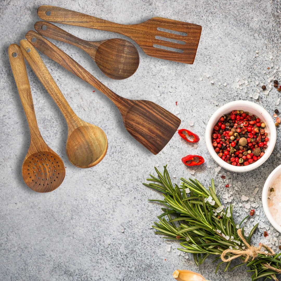 Teak Wood Utensils, 5 Piece Set, Natural Finish, Eco-friendly, Great ...
