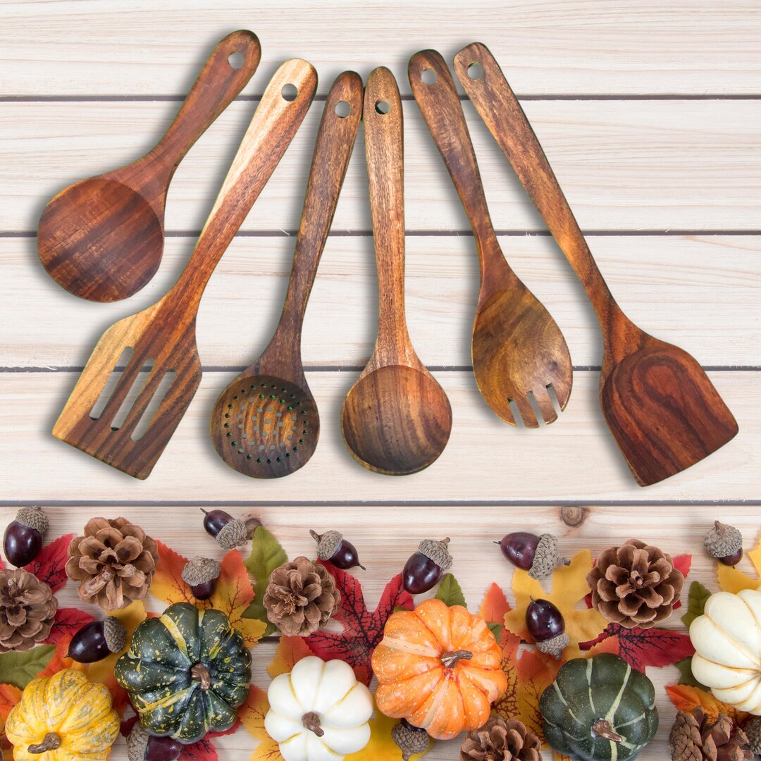 Natural Teak Wooden Utensil Set Eco-friendly 6 Piece Kitchen Tools ...