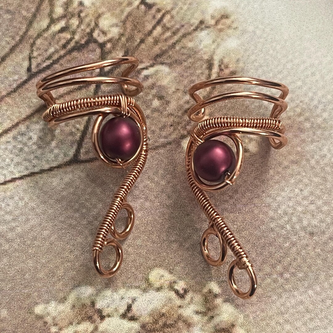 Burgundy Swarovski Pearl Copper Ear Cuff, Wire Wrap Design - Etsy