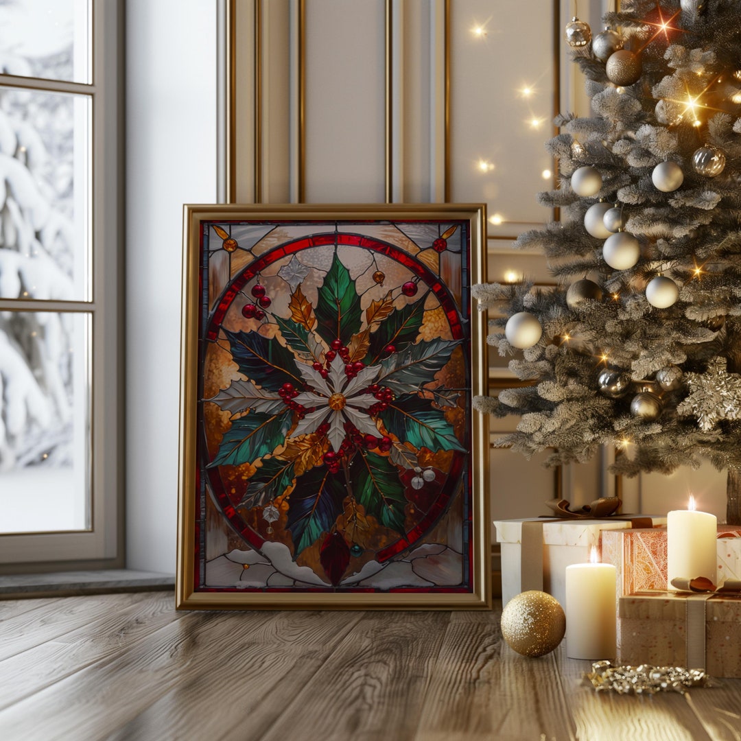 Stained Glass Holiday Holly Artwork - Christmas Digital Wall Art ...