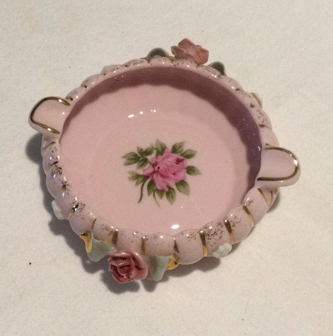 Vintage Lefton China Hand Painted Ashtray, Pink With Roses and Gold ...