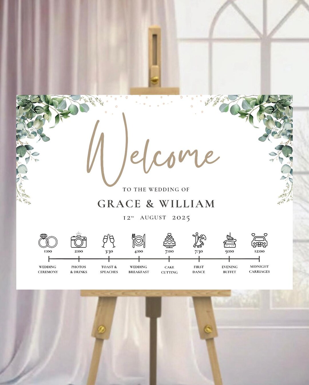 Custom Wedding Welcome Sign & Timeline. Modern Eucalyptus Design ...