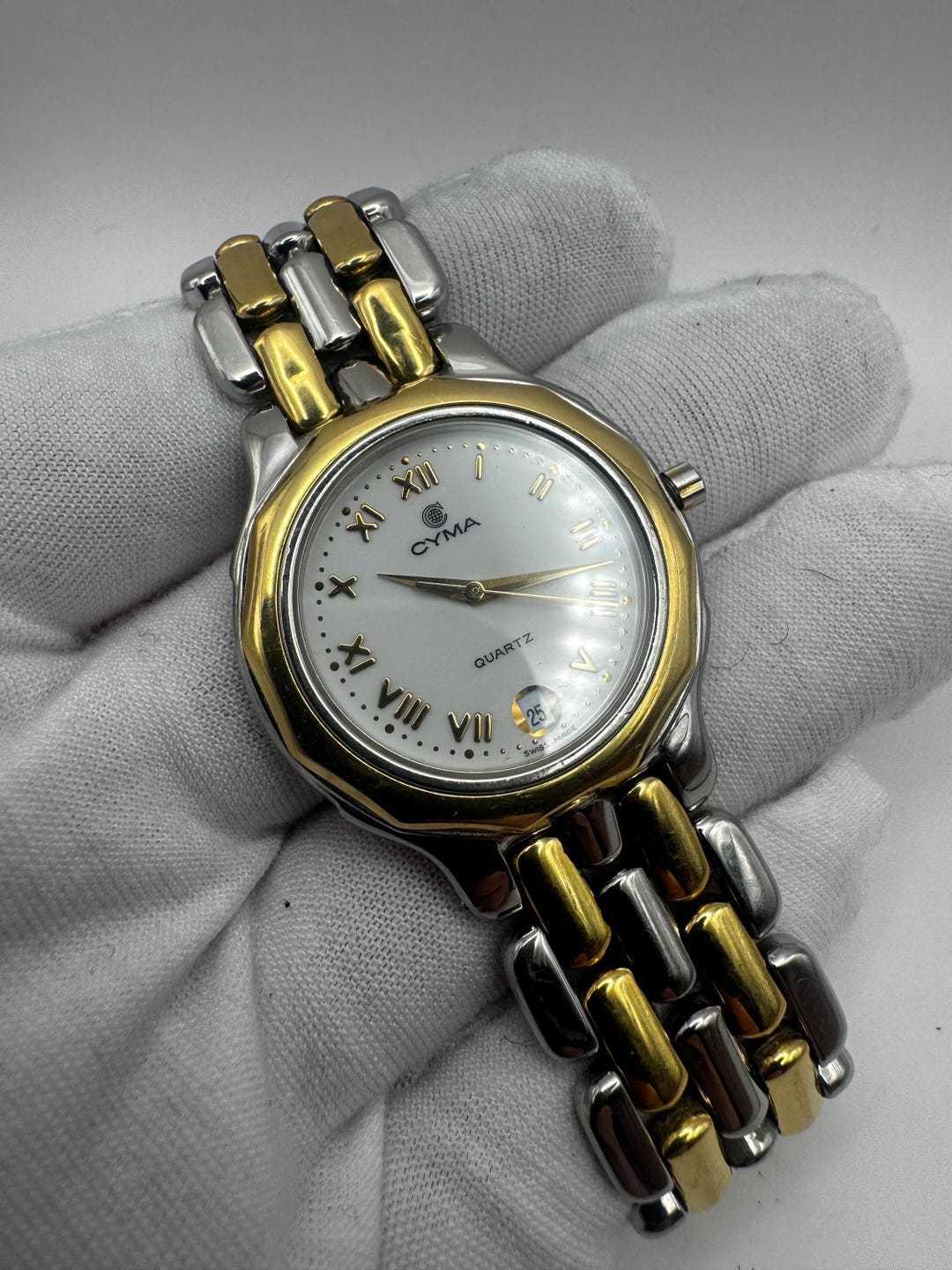 Cyma 18k Gold and Stainless Steel Men’s Calendar Quartz Watch Running ...