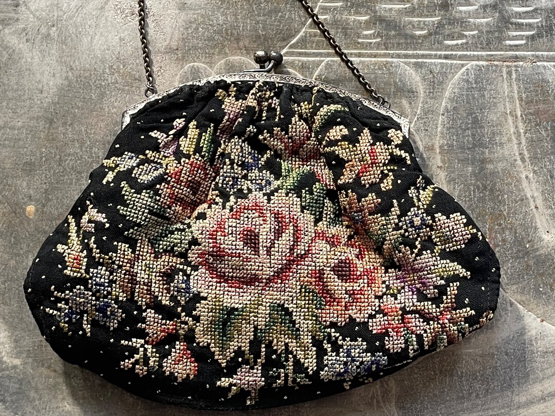 Vintage Mid Century Peti Point Needlepoint Evening Purse Hand Bag Roses ...