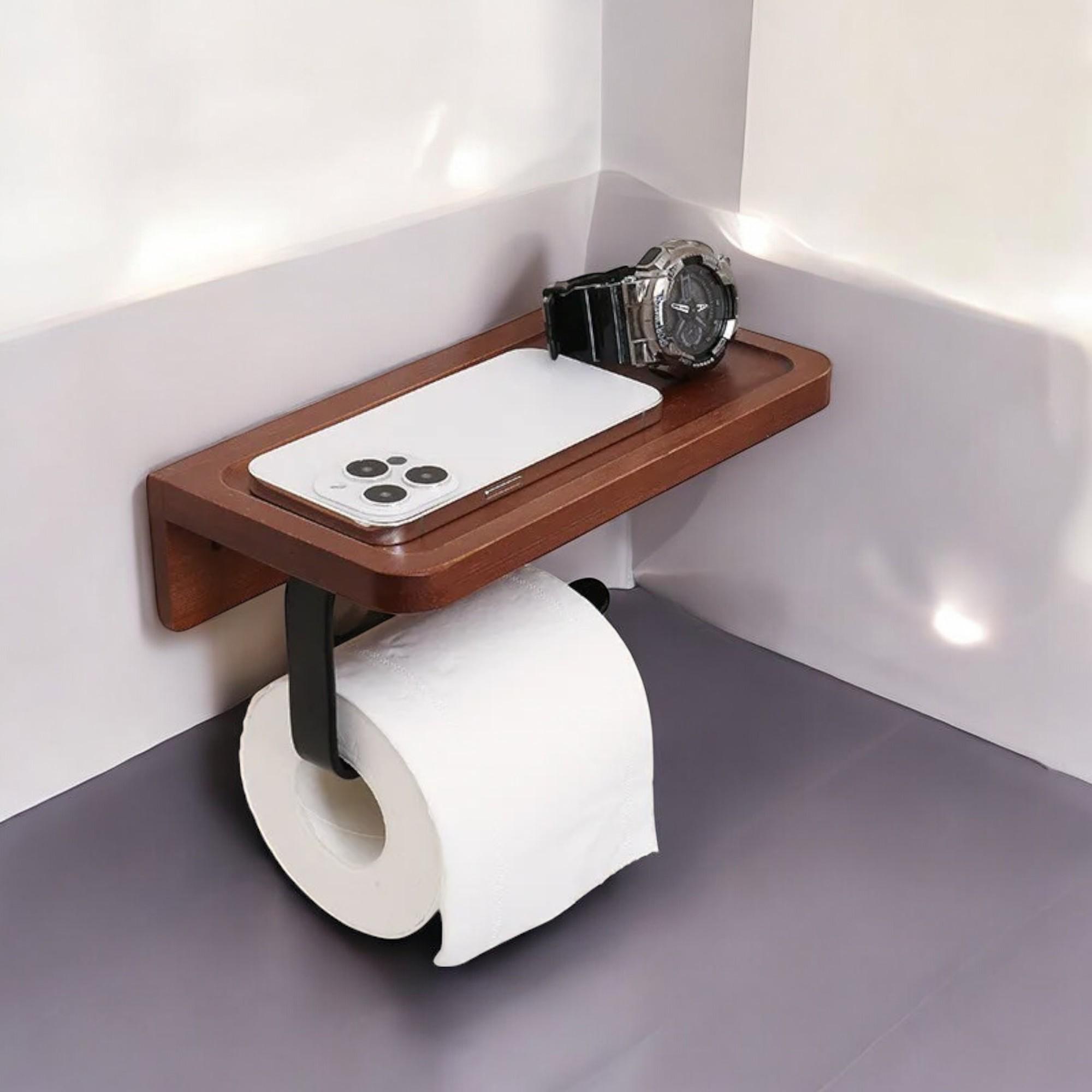 Wooden Toilet Paper Holder With Shelf Black Walnut Wall-mounted Roll ...