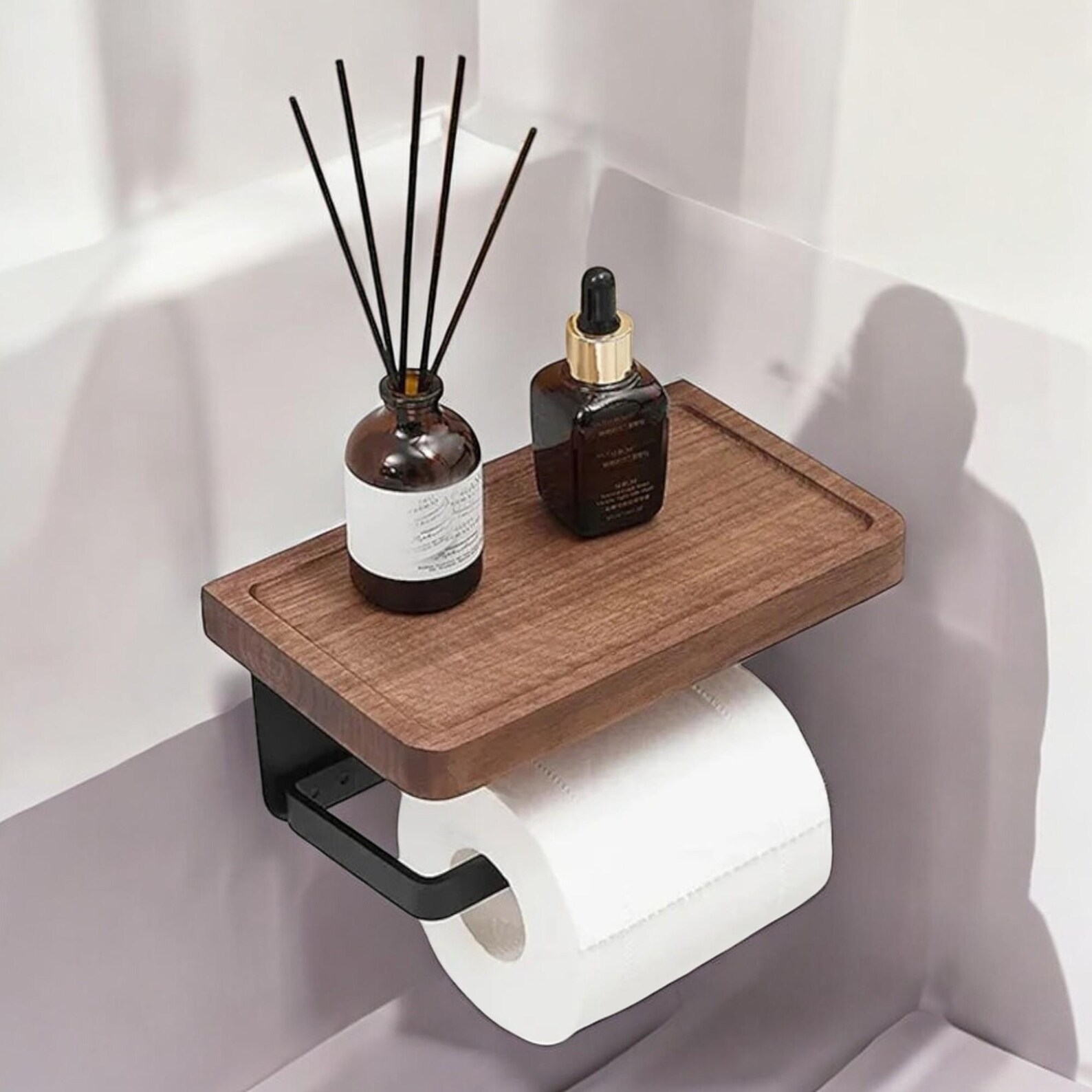Wooden Toilet Paper Holder With Shelf Black Walnut Wall-mounted Roll ...