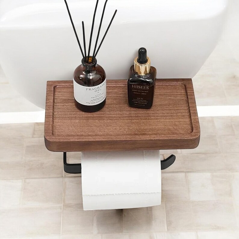 Wooden Toilet Paper Holder With Shelf Black Walnut Wall-mounted Roll ...