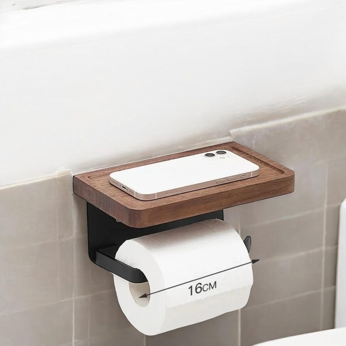 Wooden Toilet Paper Holder With Shelf Black Walnut Wall-mounted Roll ...
