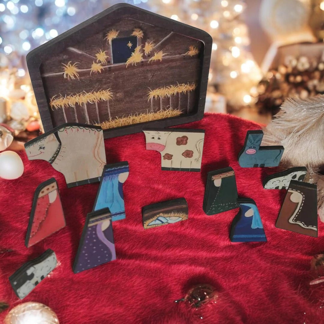 Handcrafted Wooden Nativity Scene Puzzle Set 12-piece Rustic Christmas ...