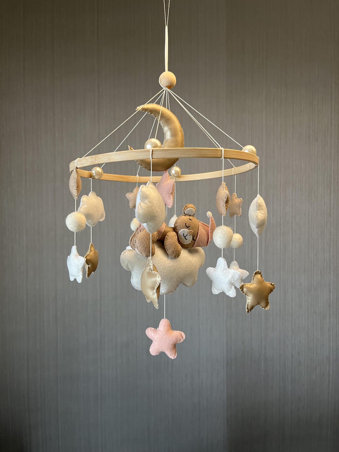 Sleepy Cute Bear Baby Mobile With Clouds, Stars, Moon, Nursery Decor ...