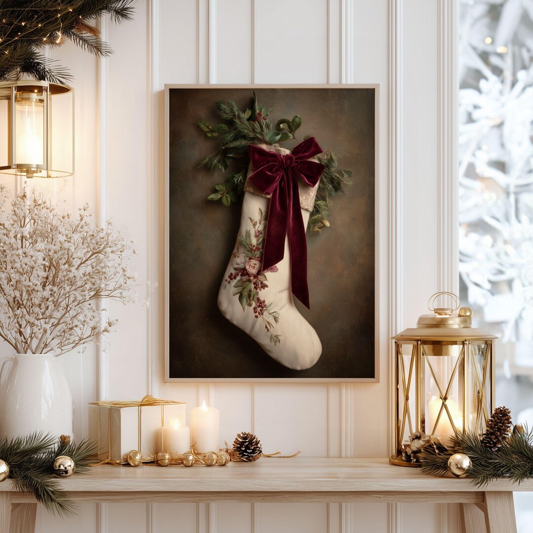 Vintage Christmas Stocking Wall Art, Moody Holiday Wall Decor, Rustic ...