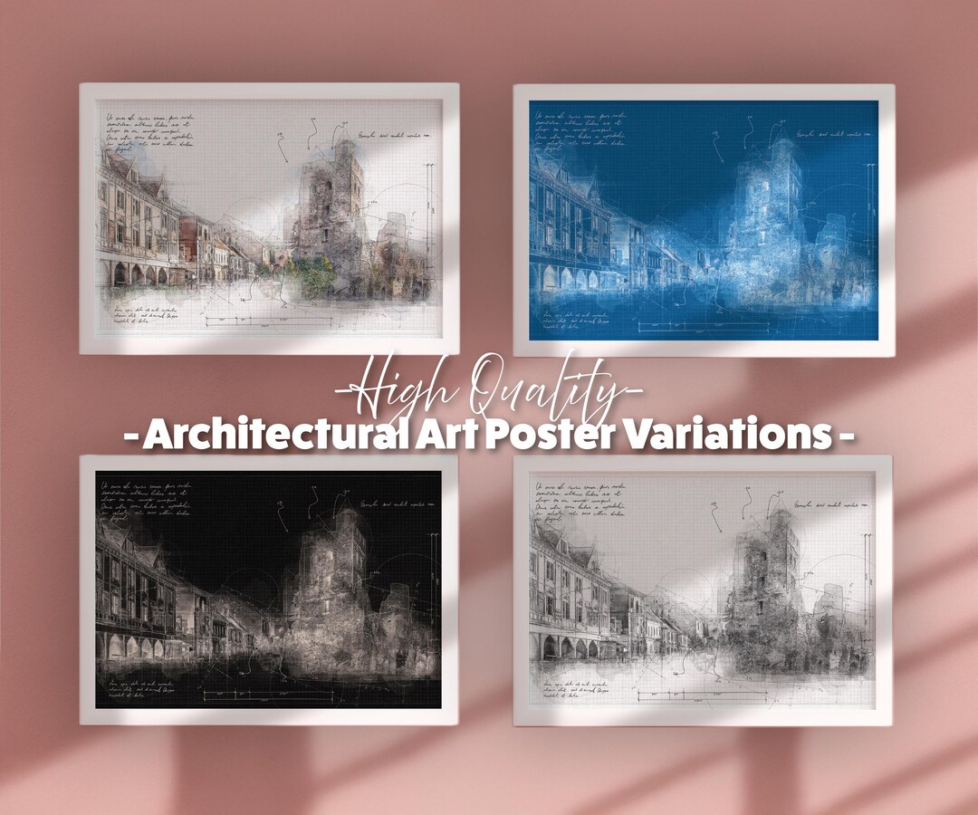 Vintage Castle Blueprint Poster - Digital Architectural Drawing - 4 ...