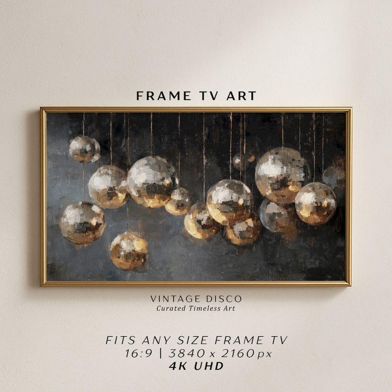 Moody Disco Balls Frame TV Art Painting - New Years Party Dark Winter ...