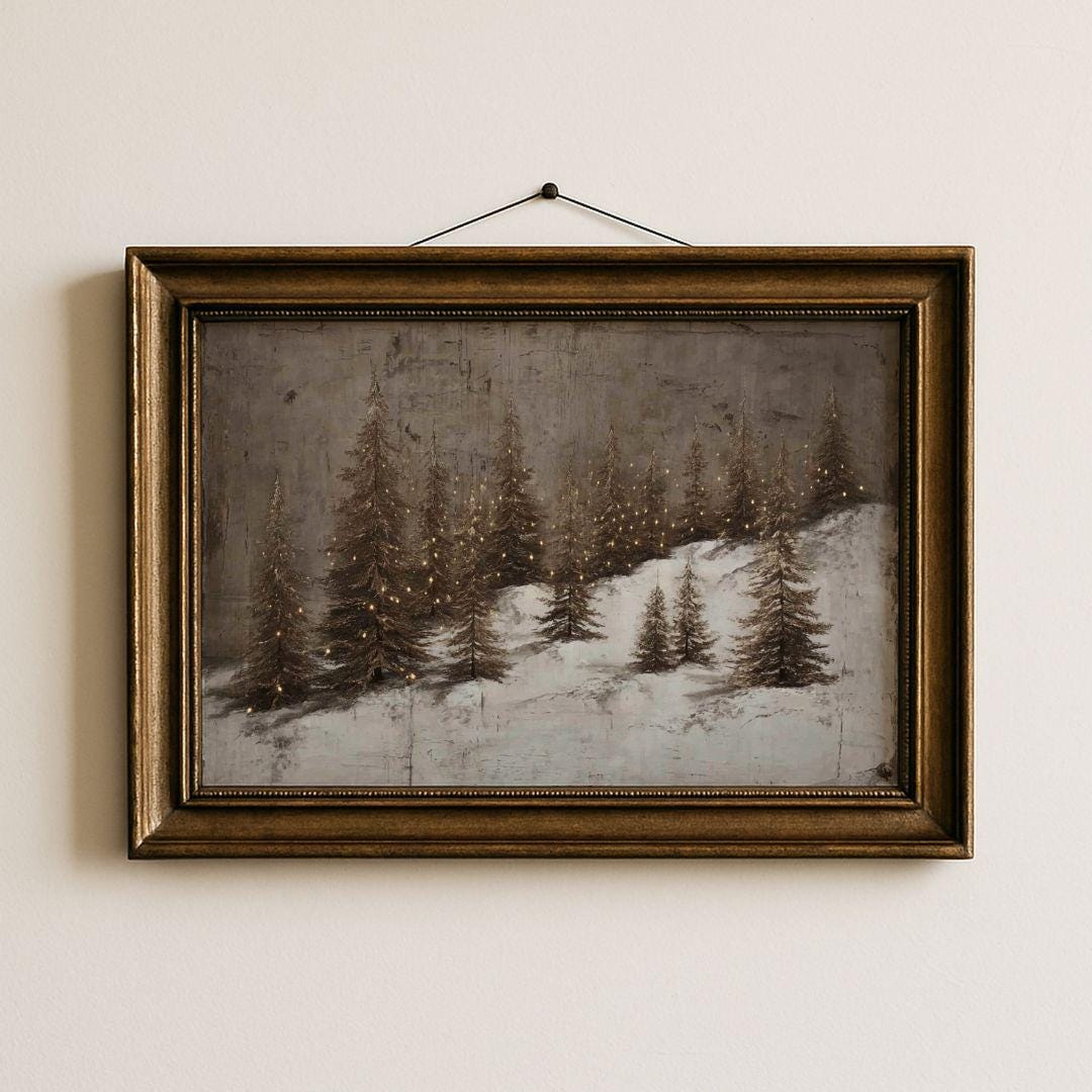 Moody Christmas Tree Forest Print - Neutral Rustic Winter Landscape ...