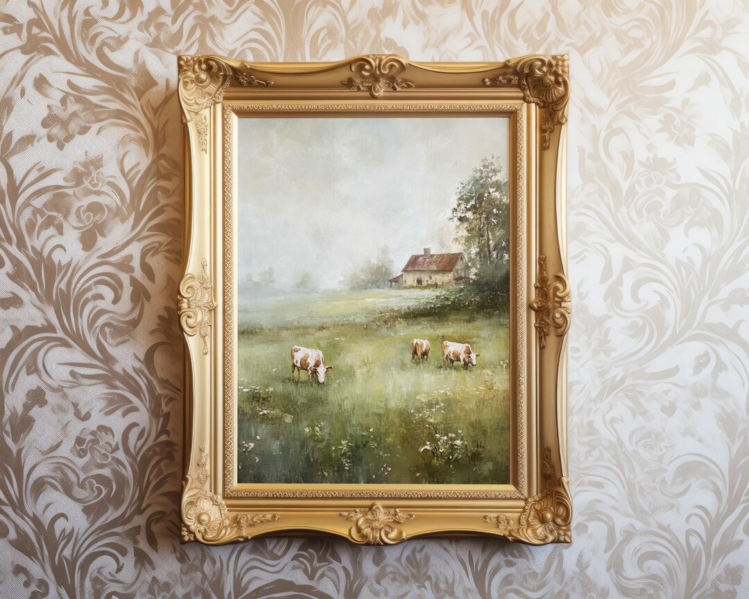 Vintage Cow Landscape Print: French Country Cottagecore Wall Art ...