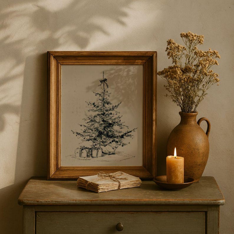 Antique Style Christmas Tree Sketch - Vintage Neutral Holiday Print ...