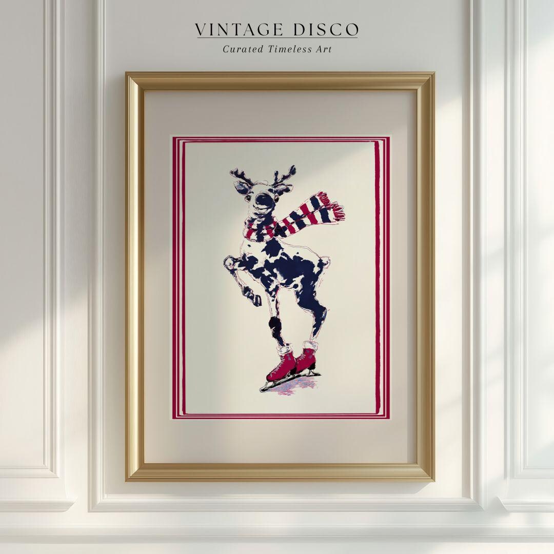 Whimsical Christmas Ice Skating Reindeer Print - Maximalist Retro ...