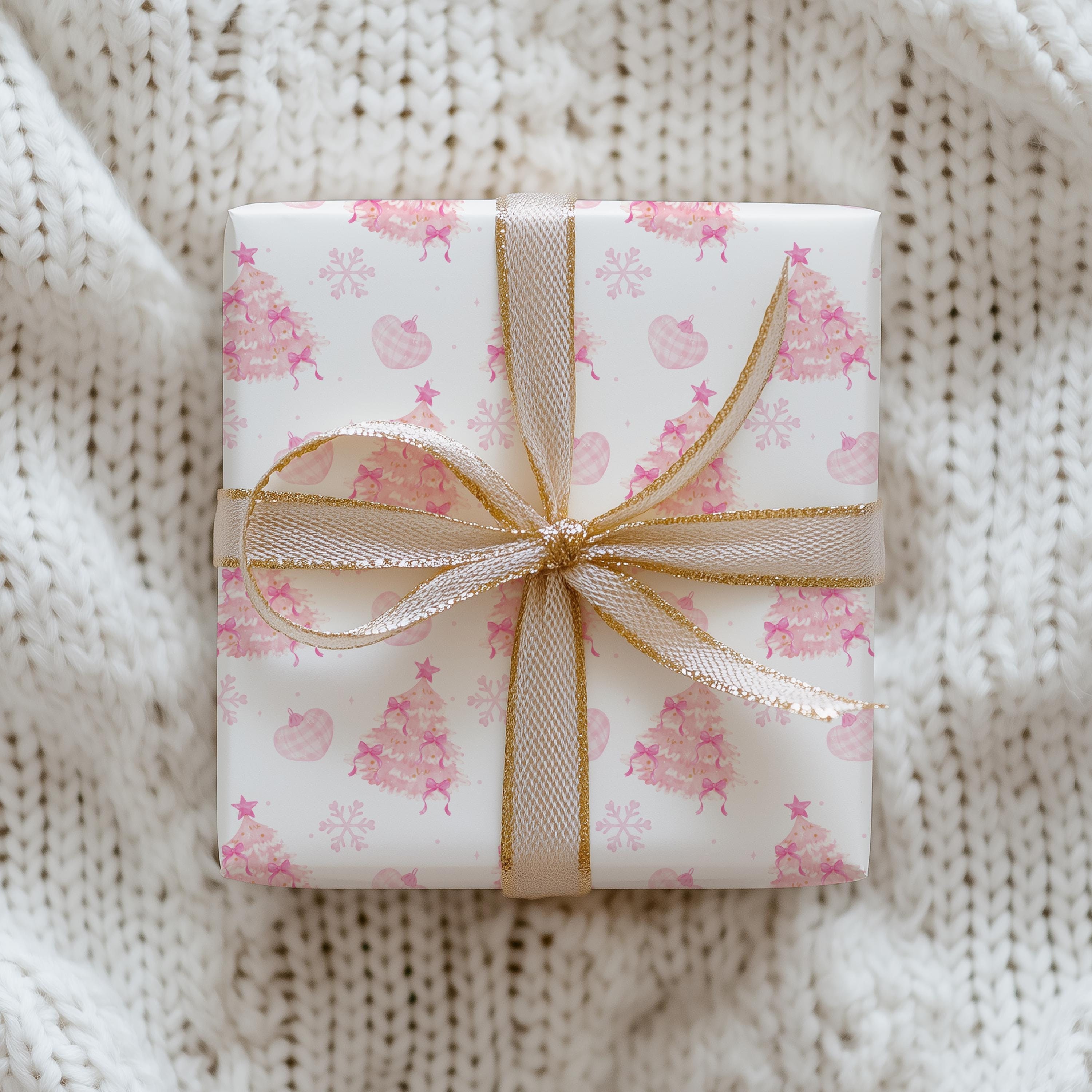 Pink Christmas Wrapping Paper, Pink Christmas Tree Holiday Gift Wrap ...