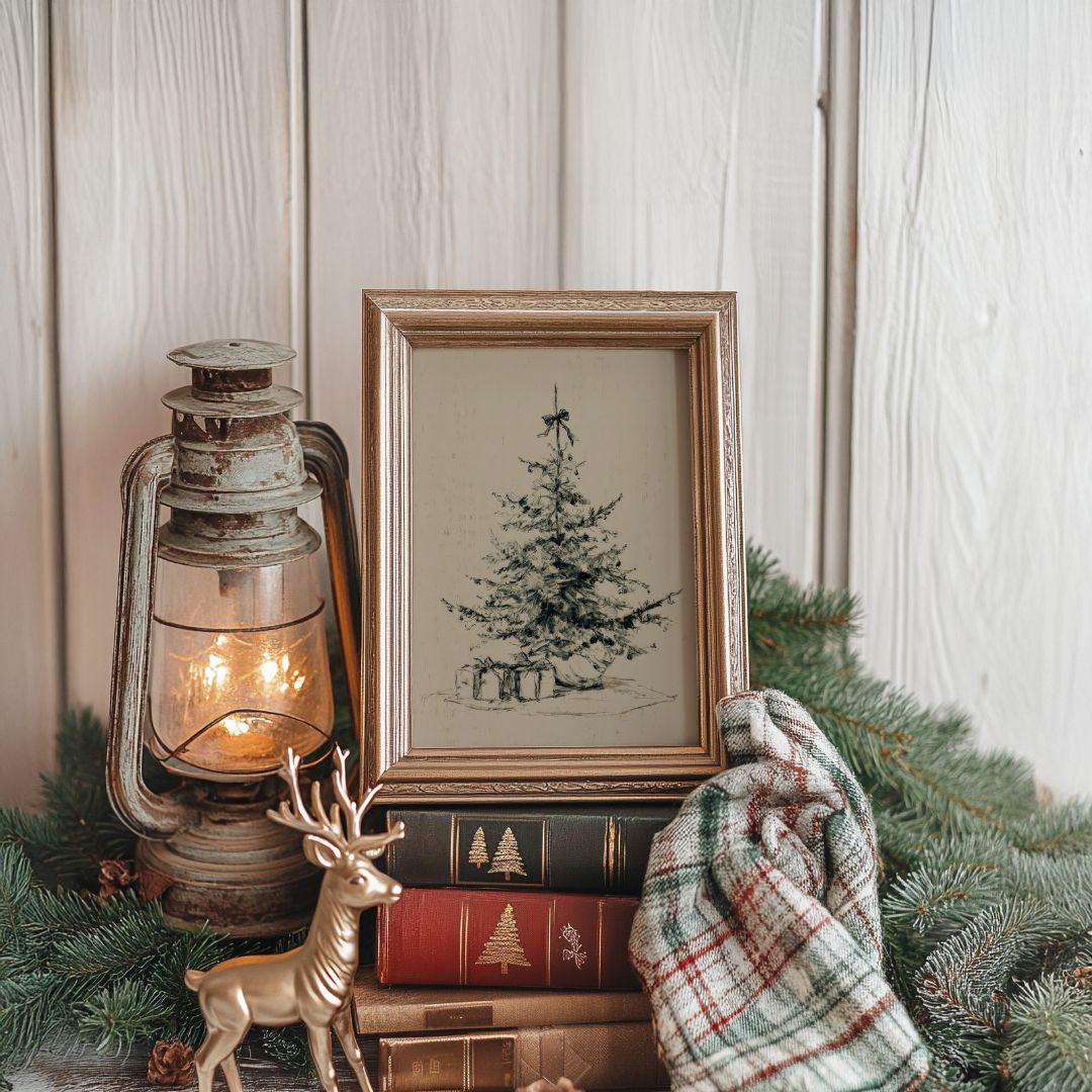 Antique Style Christmas Tree Sketch - Vintage Neutral Holiday Print ...