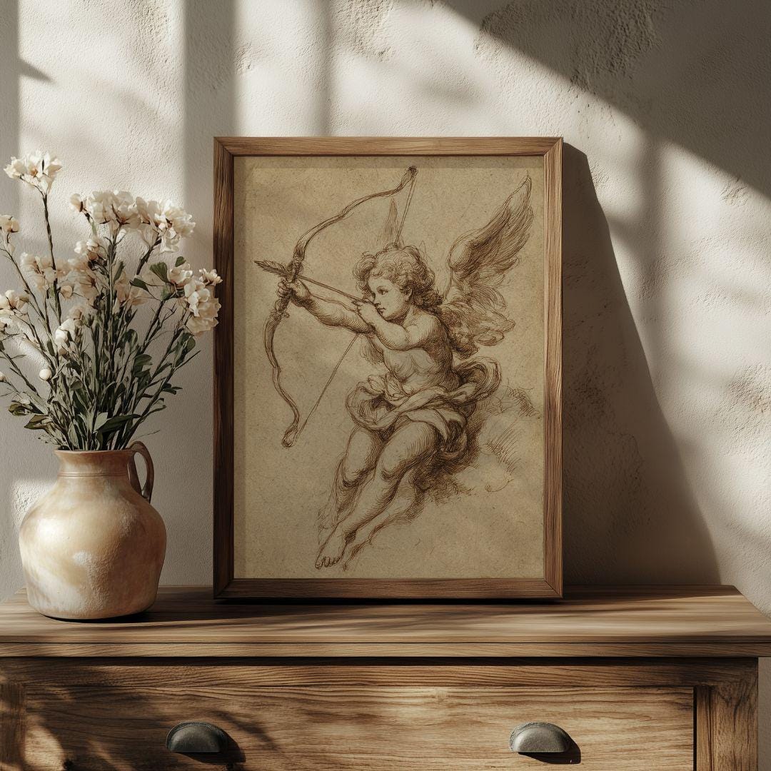 Vintage Cupid Valentines Sketch Print - Neutral Romantic Cottagecore ...
