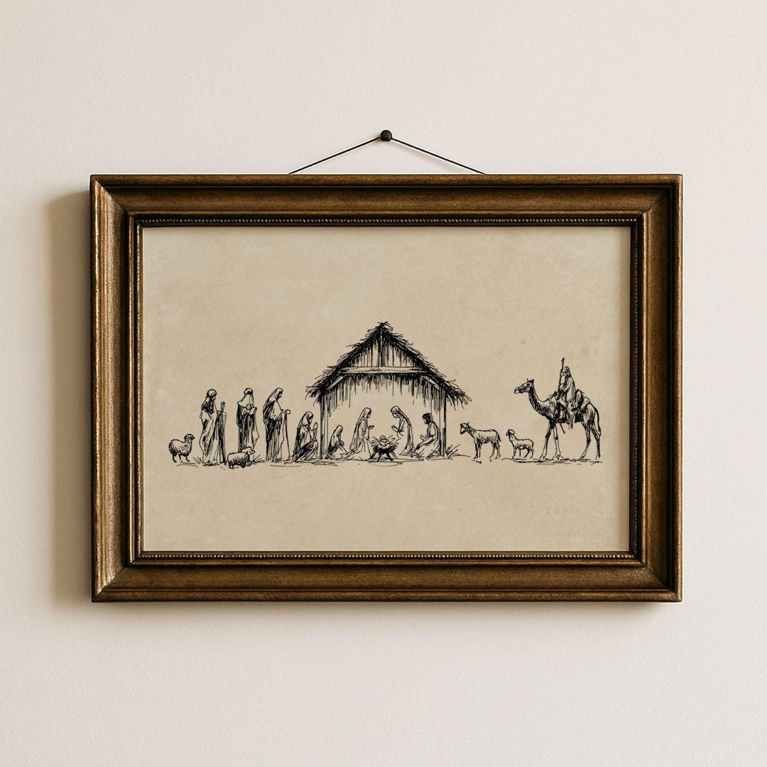 Nativity Scene Line Art Print - Christian Christmas Printable, Neutral ...